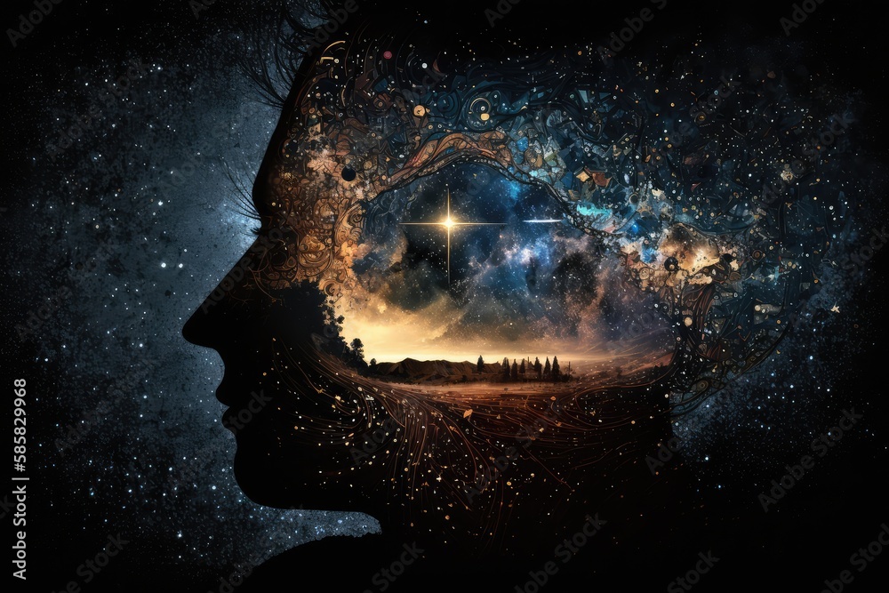 mind of god, with view of the universe and its countless stars, created ...