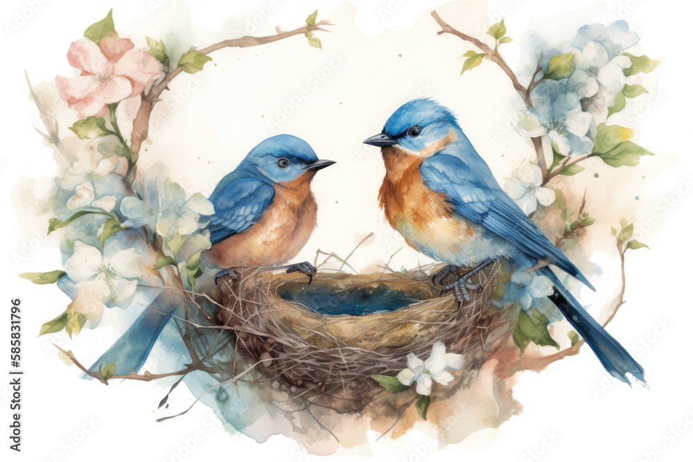 A watercolor painting of two birds sitting on a branch surrounded by ...