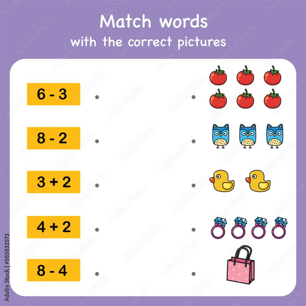 adding and subtract match with pictures. Educational worksheet for ...