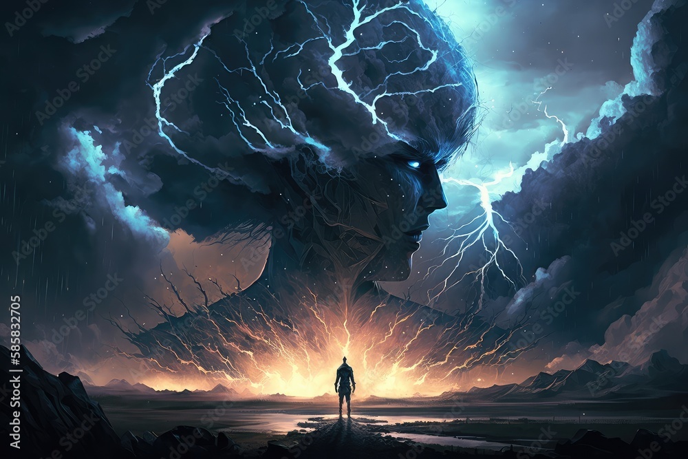 mind of god, with lightning bolts and thunderclouds, bringing power and ...