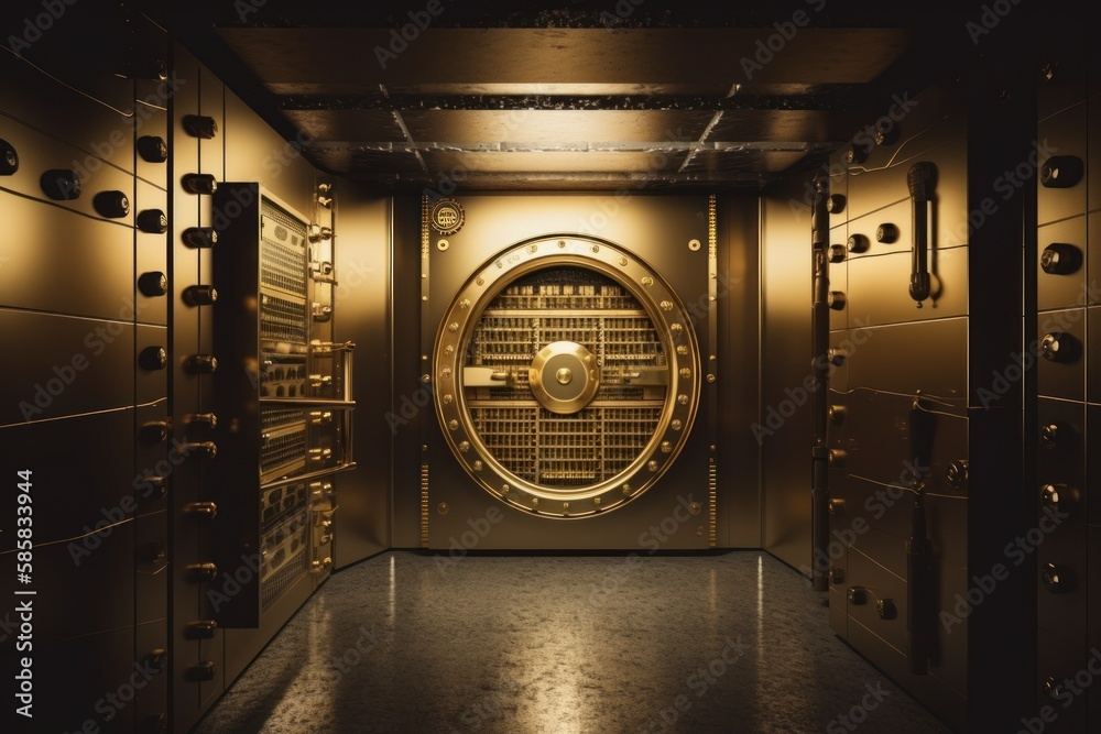 Bank vault with open door, revealing stacks of gold bars inside ...