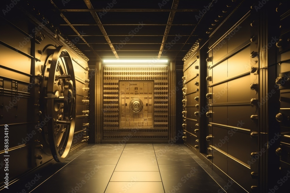 Bank vault with open door, revealing stacks of gold bars inside ...