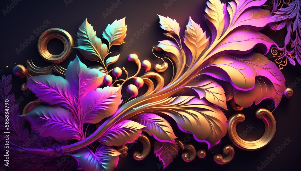 Abstract neon floral flowers and vines design background, AI generated ...
