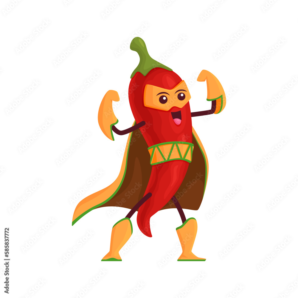 Cartoon chili pepper superhero character, vector funny red jalapeno ...