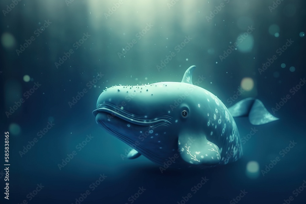 a blue whale floating in the water with bubbles on it's head and a ...