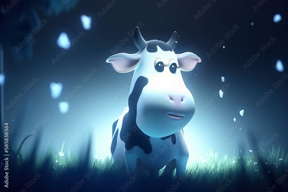 a cartoon cow sitting in the grass at night with a light shining on it ...