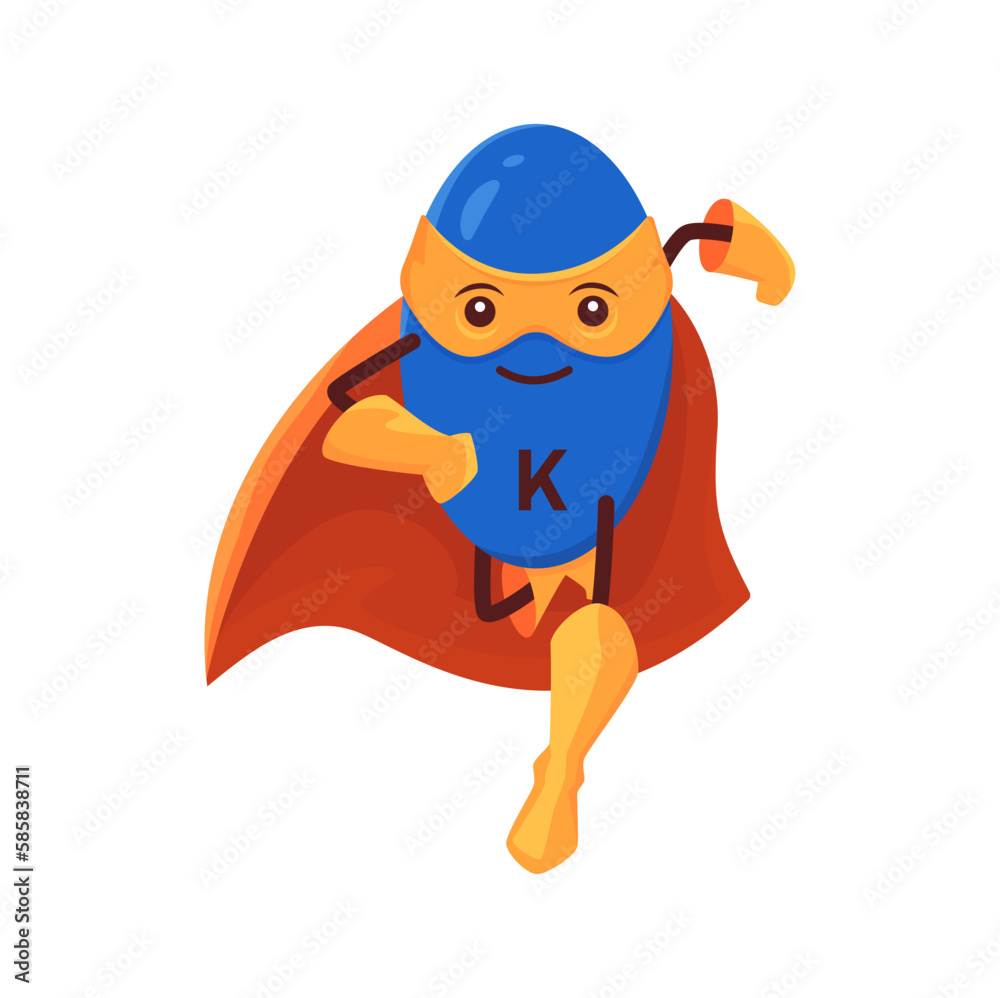 Cartoon potassium kalium superhero micronutrient character. Isolated ...