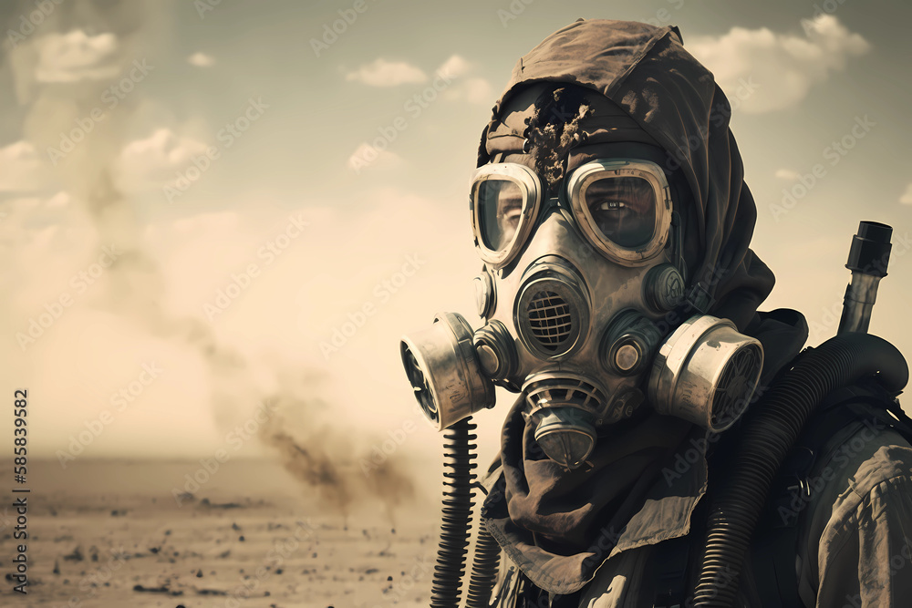 Military man in gas mask for chemical protection, apocalyptic smoke in ...