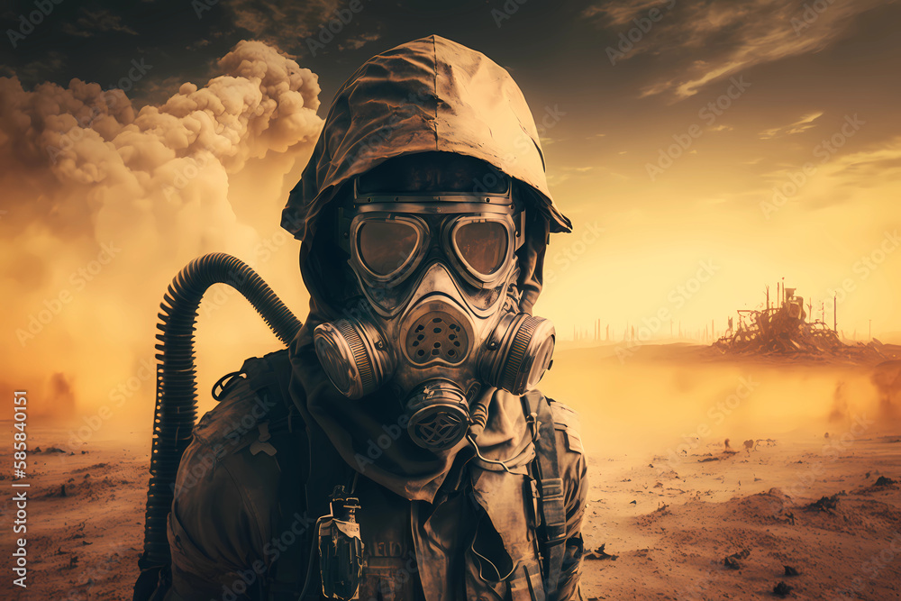 Military man in gas mask for chemical protection, apocalyptic smoke in ...