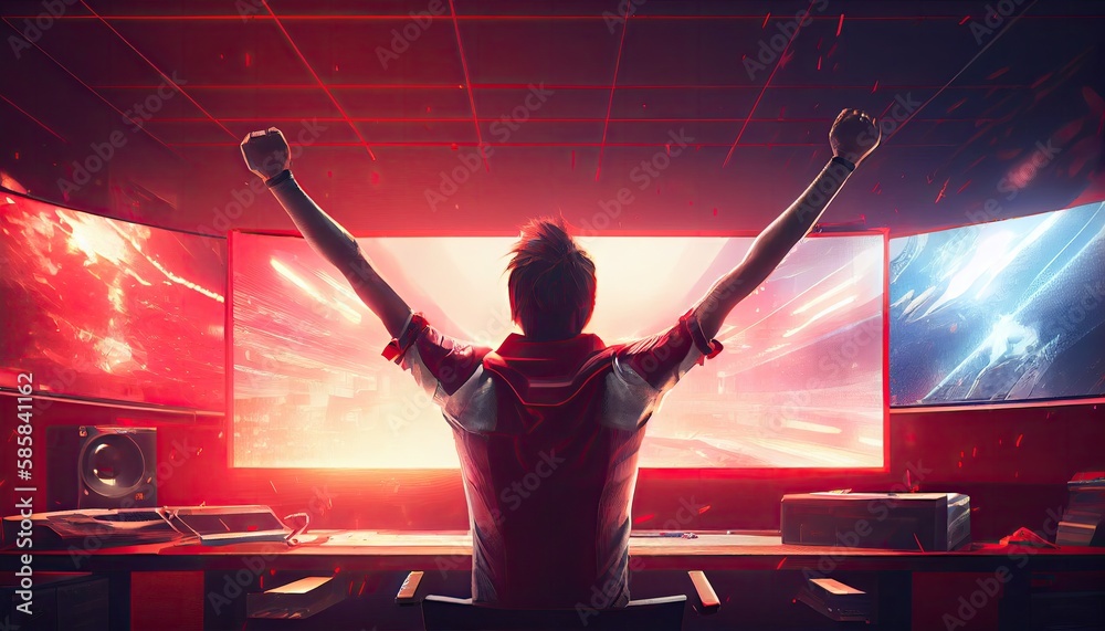 Professional eSports gamer rejoices in the victory and red game room ...