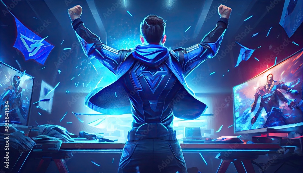 Professional eSports gamer rejoices in the victory and blue game room ...