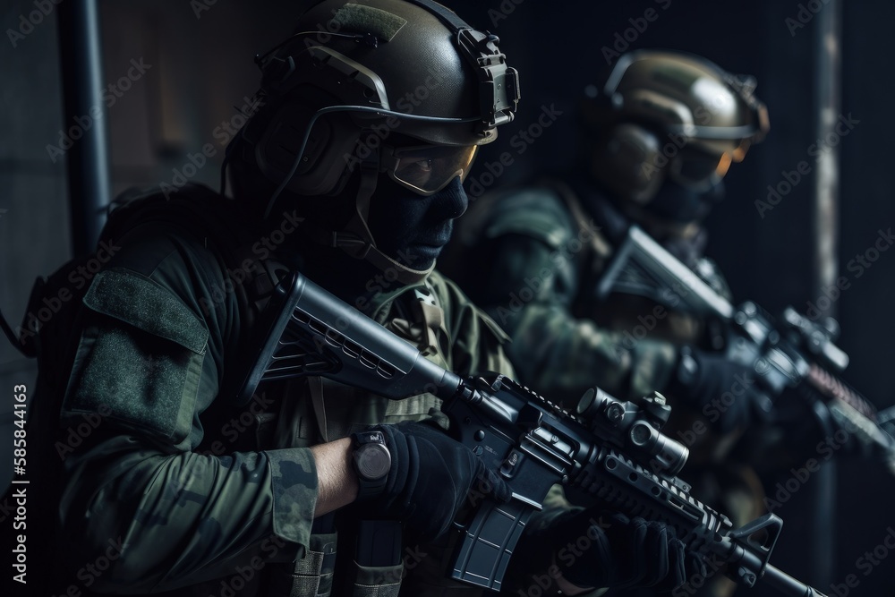 Elite special forces military unit holding assault rifles on a warfare ...