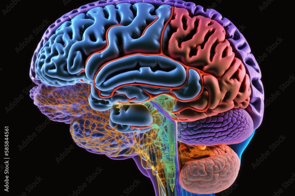 close-up of person's brain, with different areas and processes ...