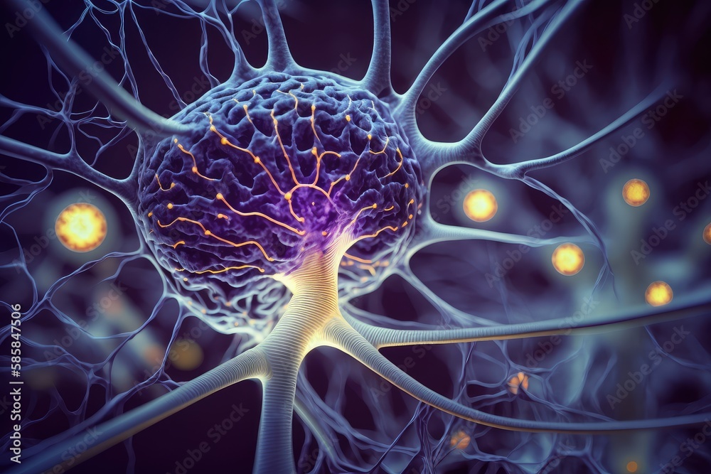 close-up of human brain, with billions of neurons and synapses visible ...