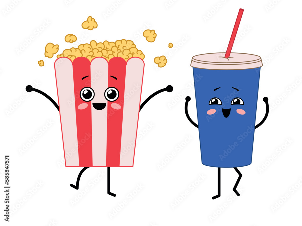 Cute happy characters - popcorn and soda. Best friends. Vector ...