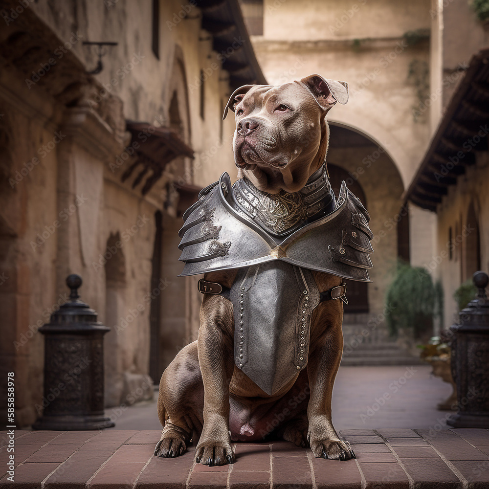 ภาพประกอบสต็อก Pitbull wearing armor in a medieval castle courtyard ...