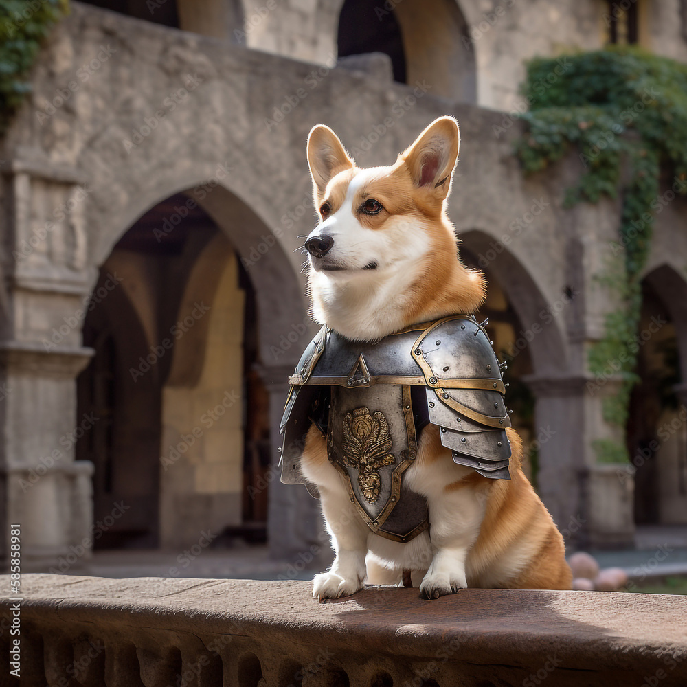 Pembroke Welsh corgi wearing armor in a medieval castle courtyard ...