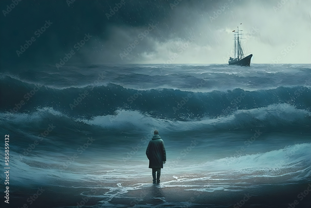 A person on a long-distance journey by sea, with a sense of isolation ...