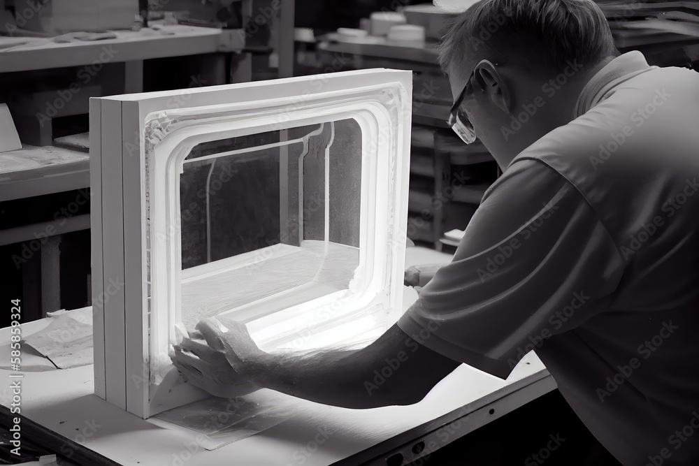 plastic window production process, with the plastic being formed and ...