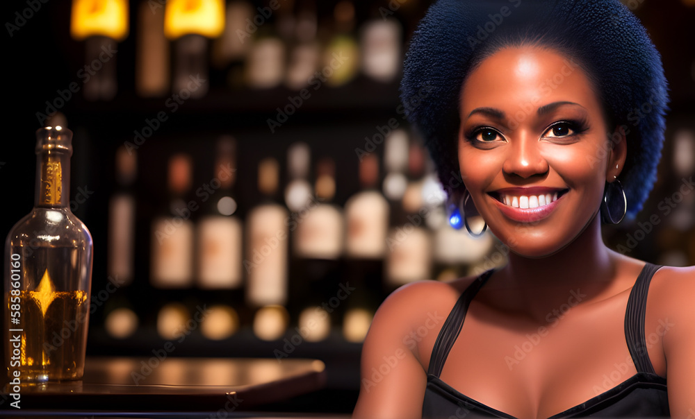 Beautiful black woman in a bar at night. Illustration, generative ai ...