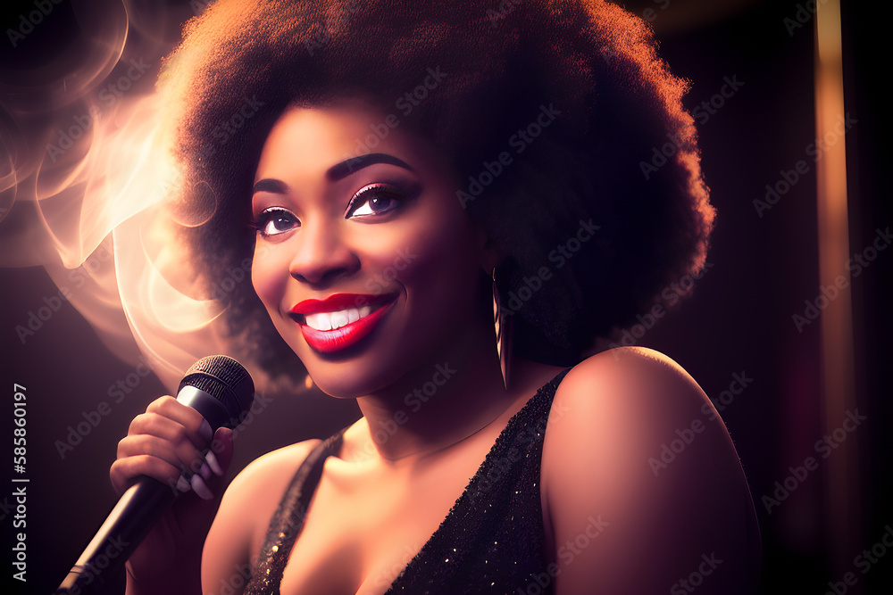 Beautiful black woman singing in a nightclub. Illustration, generative ai, generative, ai Stock ...