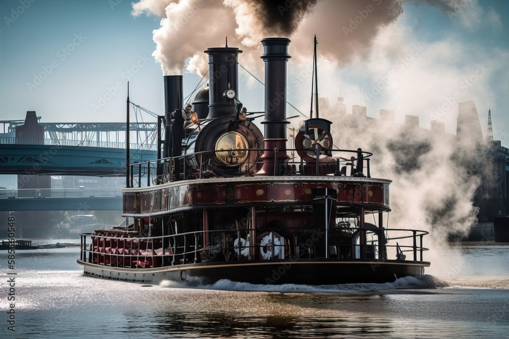 paddle steamer, with its iconic paddle wheels turning and steam rising ...