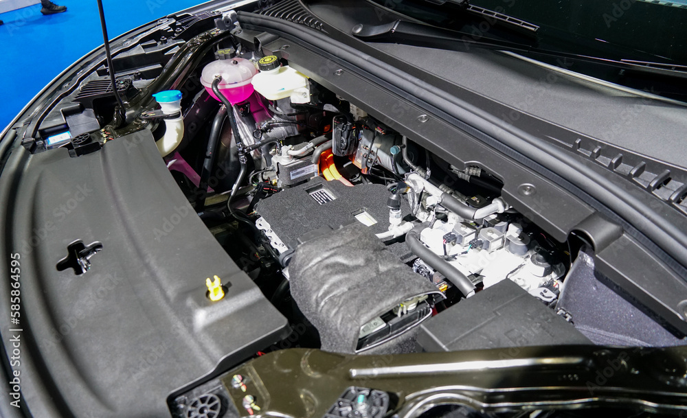 Bangkok, Thailand - 27 March 2023: Electric car engine room in at the ...