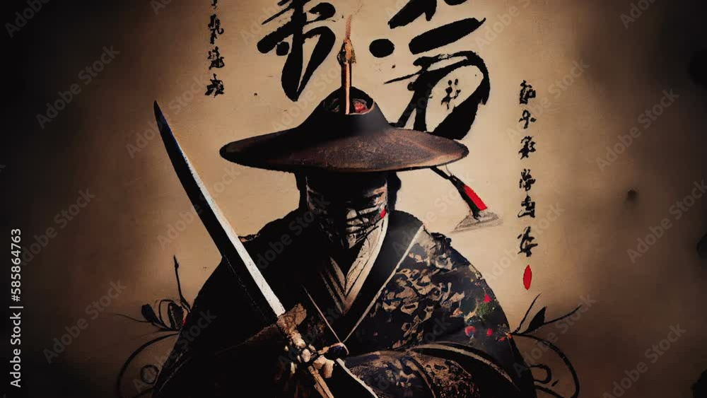 A drawing of an ancient chinese warrior with the characters on the back ...