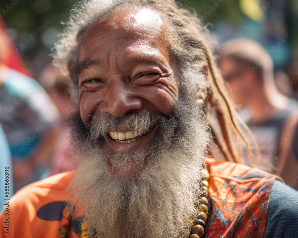 Smiling 60 year old man with long beard at the carnival. Generative AI ...