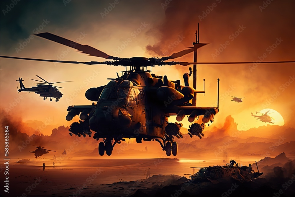 Military helicopters forces and tanks in plane in war, generative ...