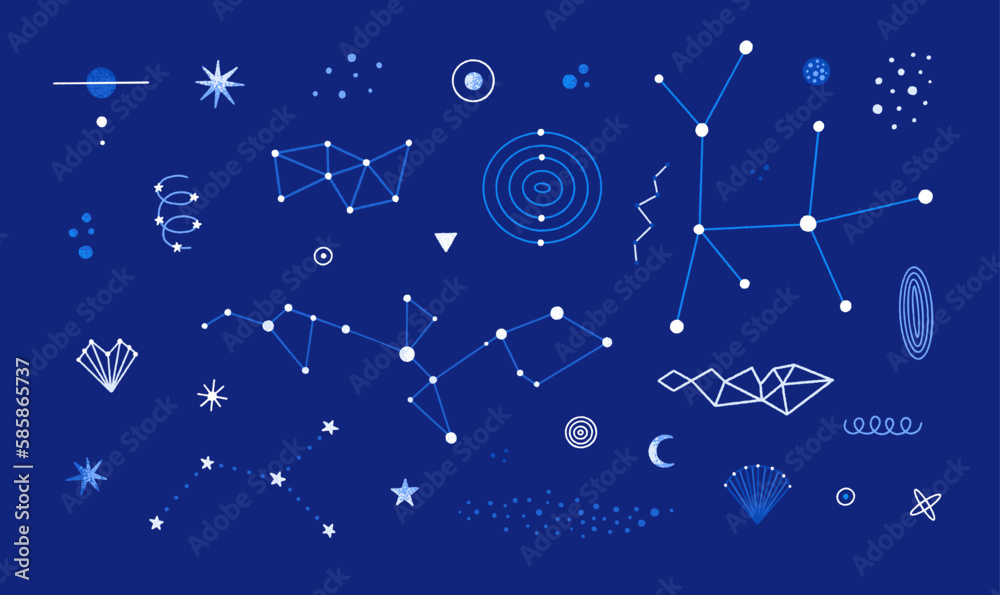 Vector set of abstract space elements. Isolated constellations, stars ...