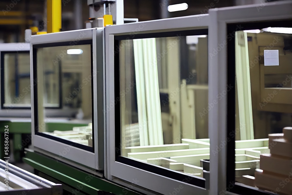 plastic window production line, with windows being manufactured and ...