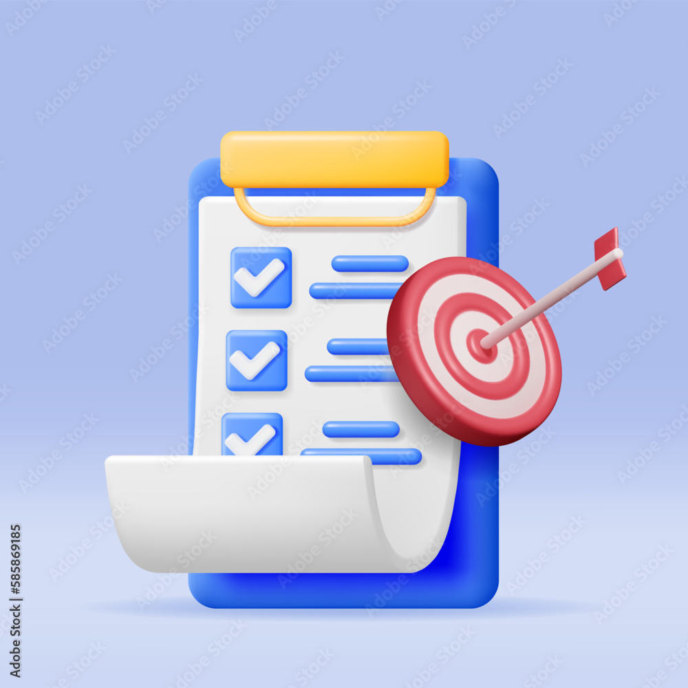 3D Paper Clipboard with Checklist Symbol and Target. Render Paper Sheet ...