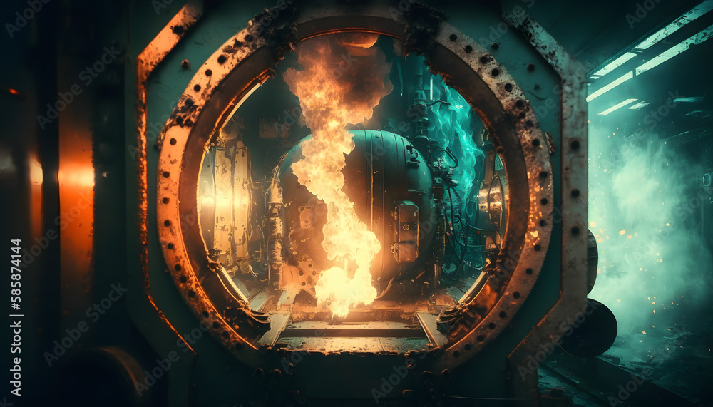 Nuclear military submarine burning, accident fire on underwater ship ...