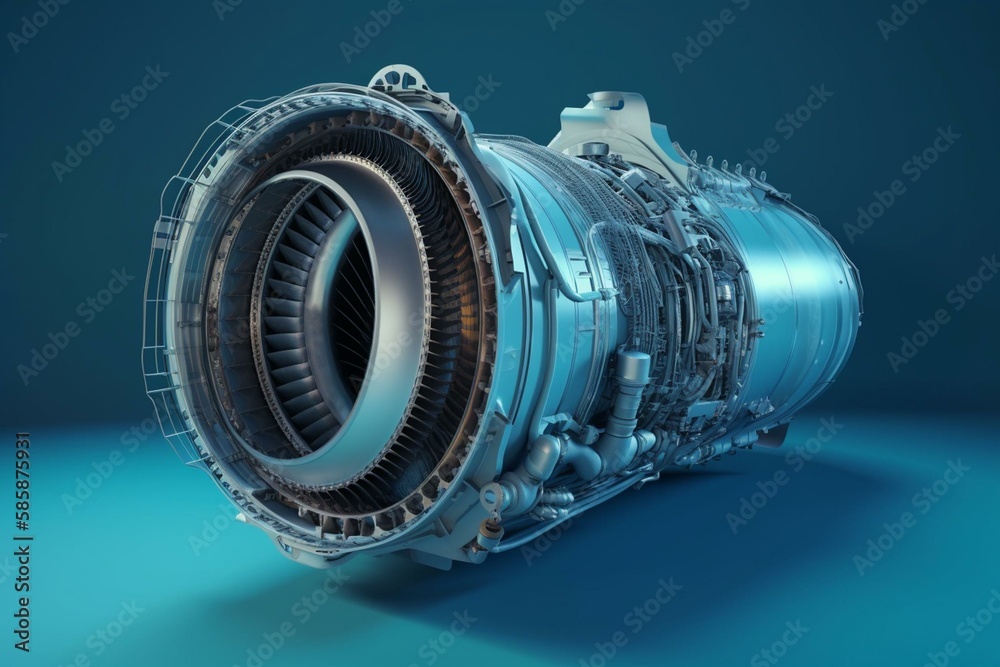 Cross section of turbofan jet engine isolated on light blue background. 3D rendering image. with ...