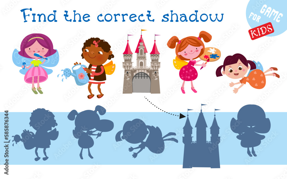 Find correct shadow. Draw lines - connect pairs. Puzzle for kids ...