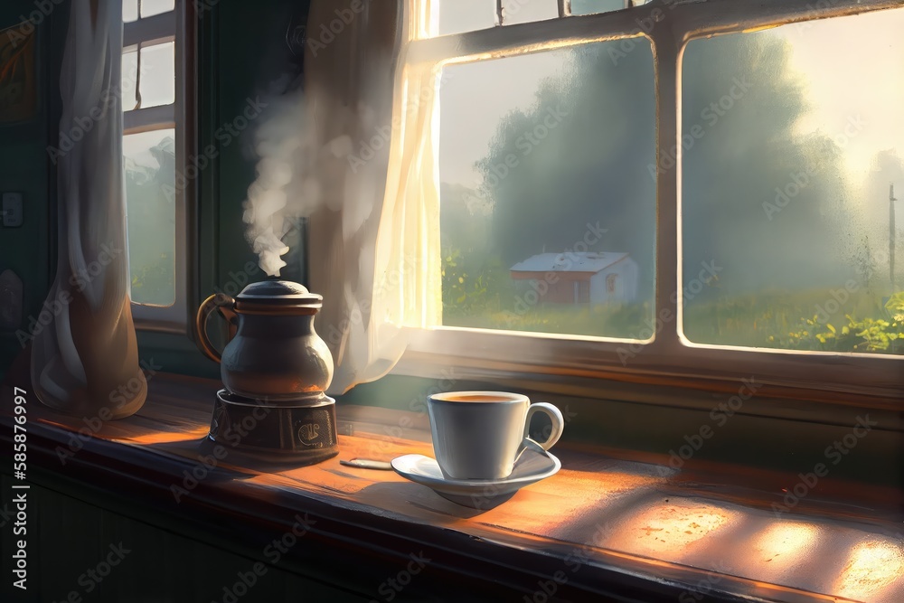 humid summer morning, with the steam from a cup of tea rising in the ...
