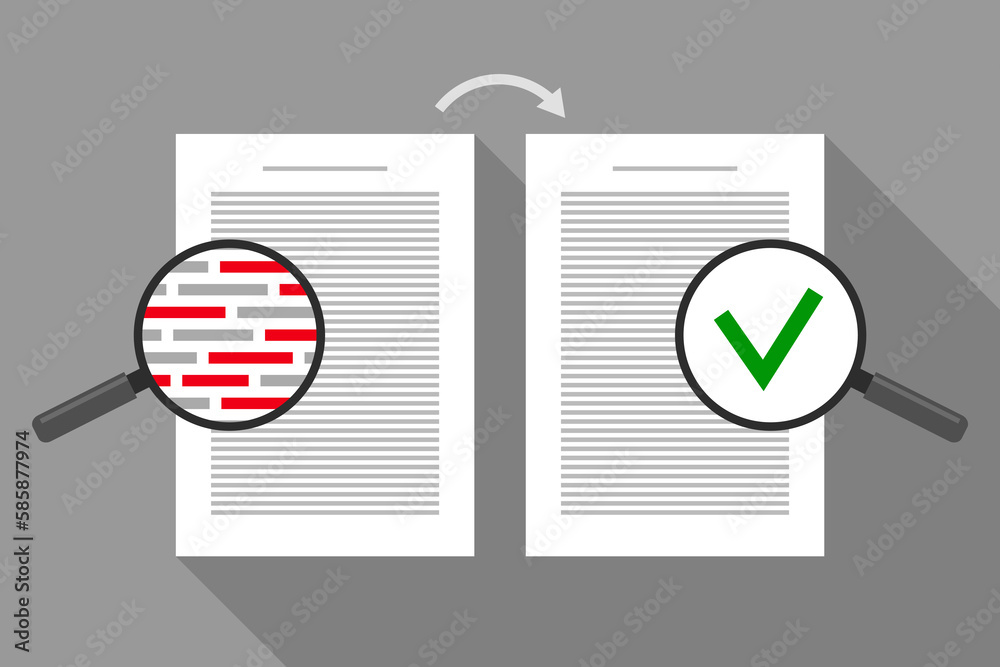 Paper sheets with text, red markings and green tick, spelling check ...