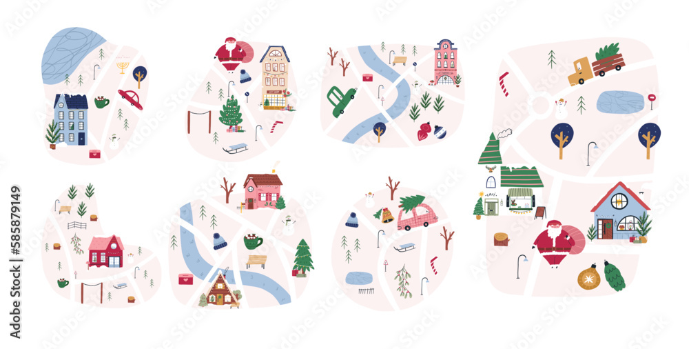Cute winter map set, hand drawn city or town - cartoon flat vector ...