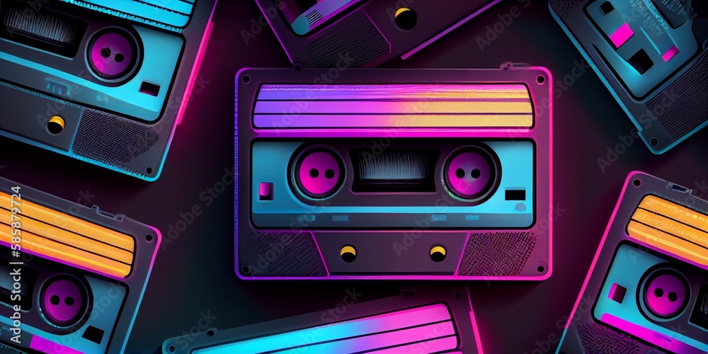 neon pink cassette tapes pattern on a green background with shadow ...