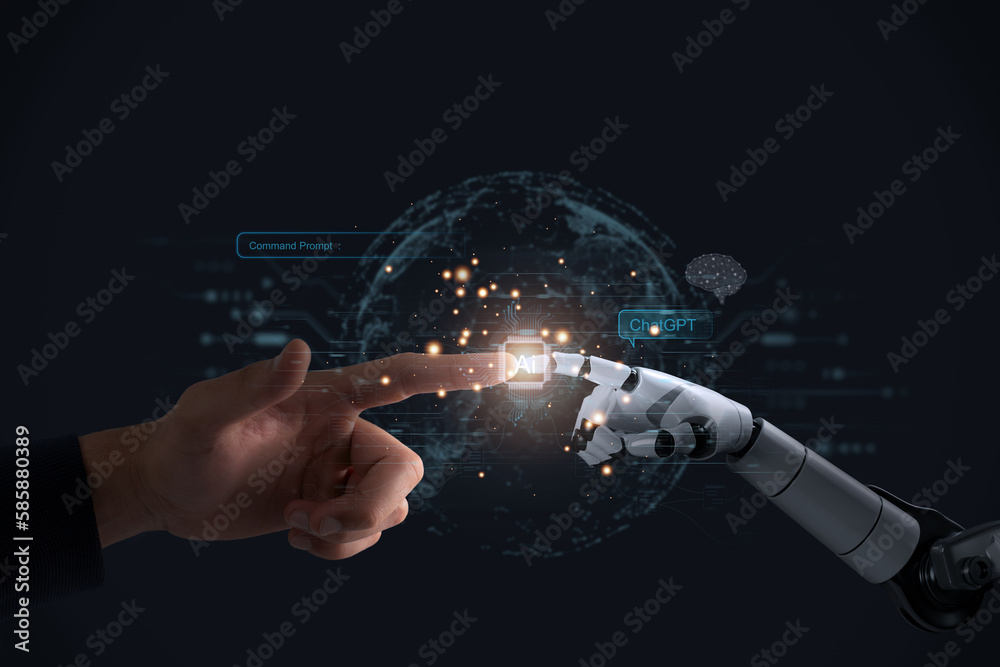 Robotics, machine learning Robotic and human hands touching a ...