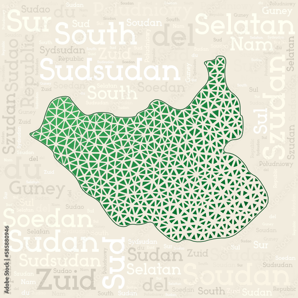 SOUTH SUDAN map design. Country names in different languages and map ...