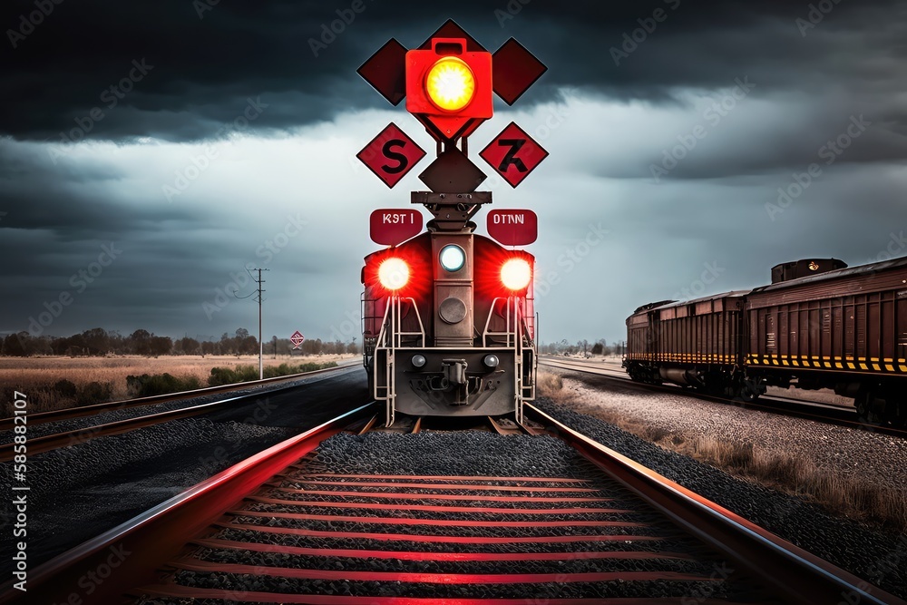 railroad crossing with stop sign and warning lights, with the view of ...
