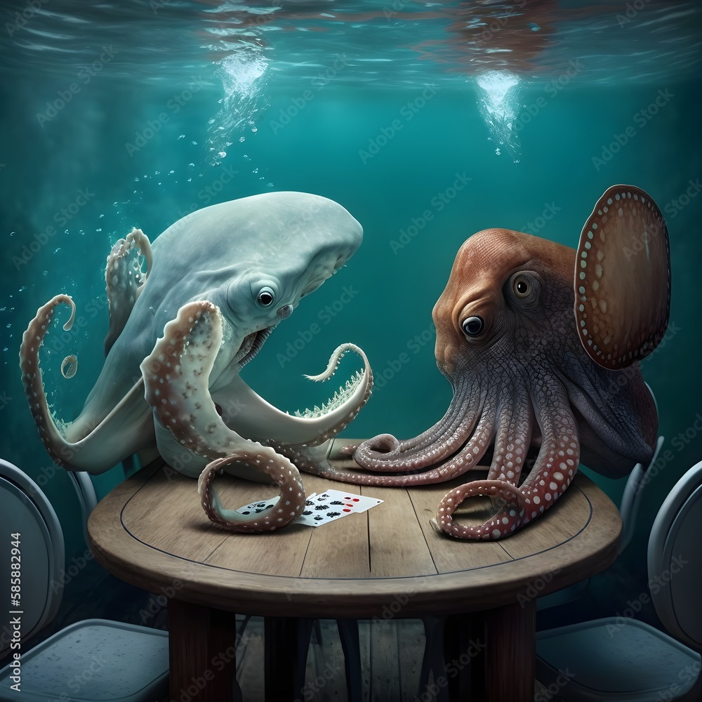 Two octopuses sitting around a round table and playing poker while ...