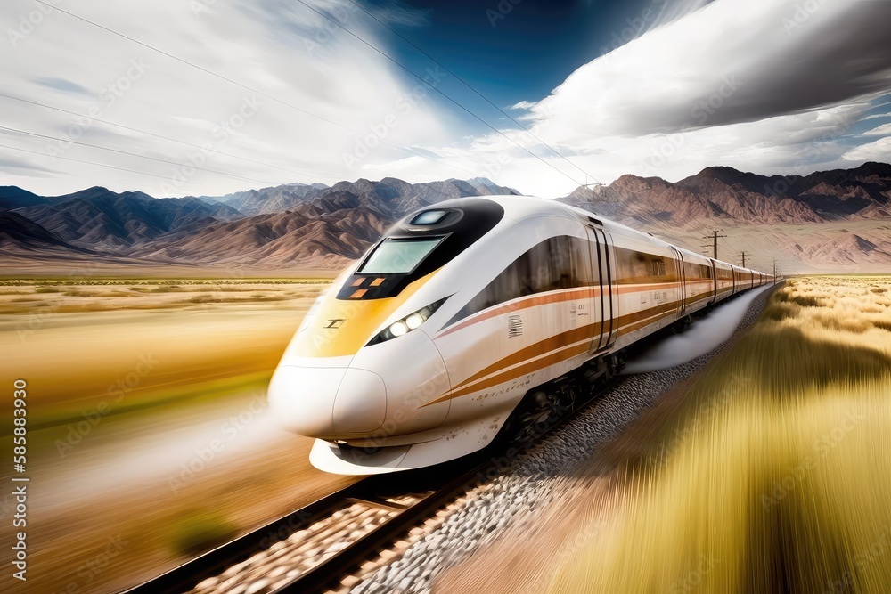 high-speed train zooming past the landscape, with a blur of motion ...