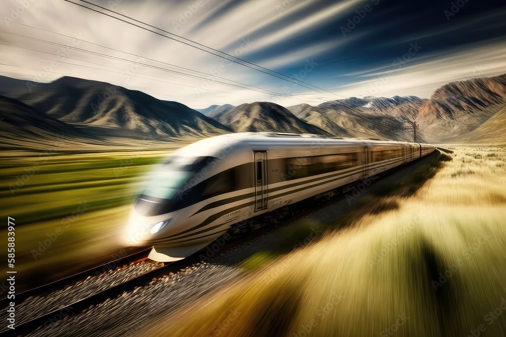high-speed train zooming past the landscape, with a blur of motion ...