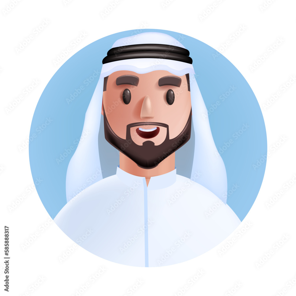 3D Arab man avatar, vector emirate male cartoon character portrait ...