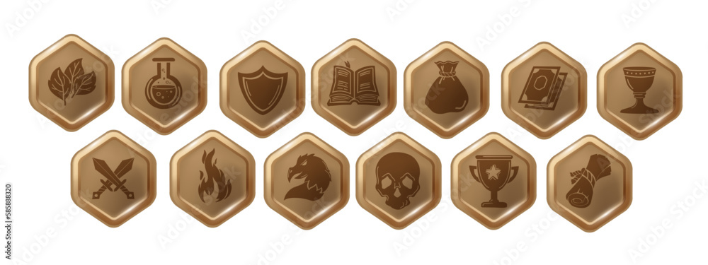 RPG game icon set, vector hexagon UI badge kit, mobile app button ...