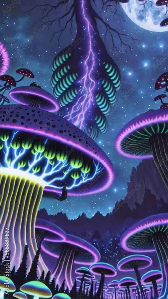 a fantasy glowing alien fungal landscape at night, swarm of fireflies ...