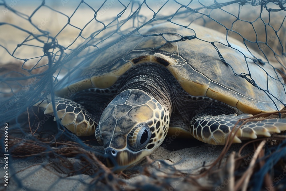 Generative AI illustration of wild tropical marine turtle in net on ...